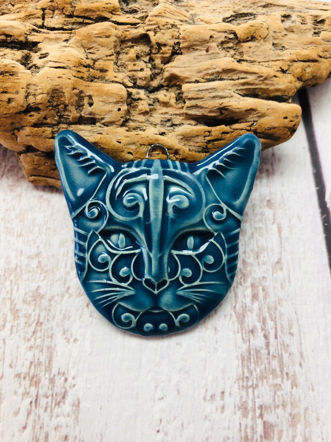 Handmade Ceramic Cat Face Pendant in Navy - Etsy