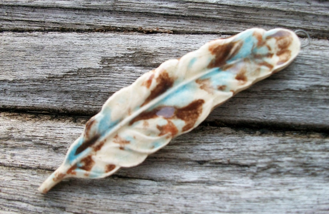 Handmade Ceramic Bird Feather Pendant in Beige and Blue - Etsy