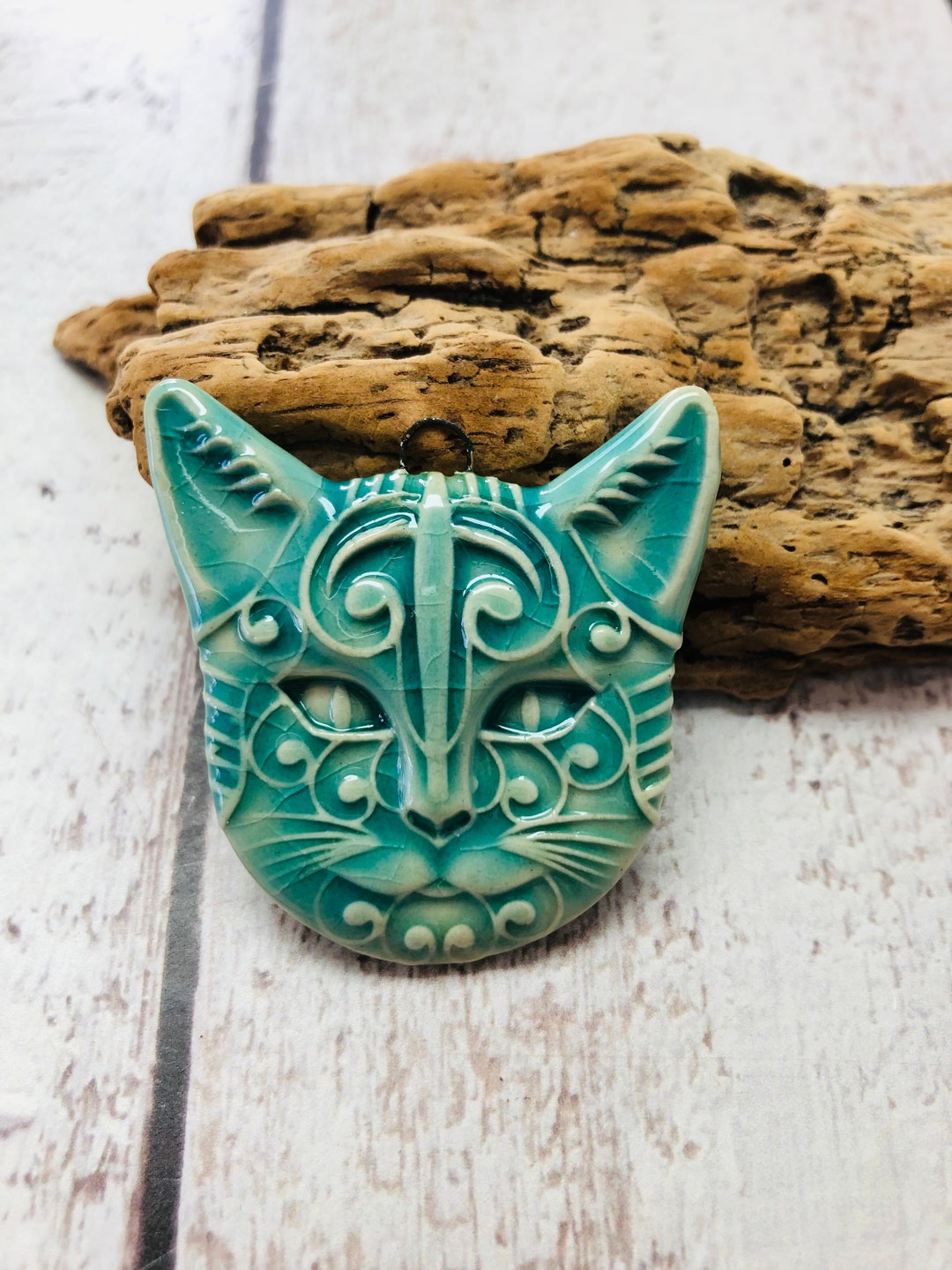 Handmade Ceramic Cat Face Pendant in Sea Green - Etsy