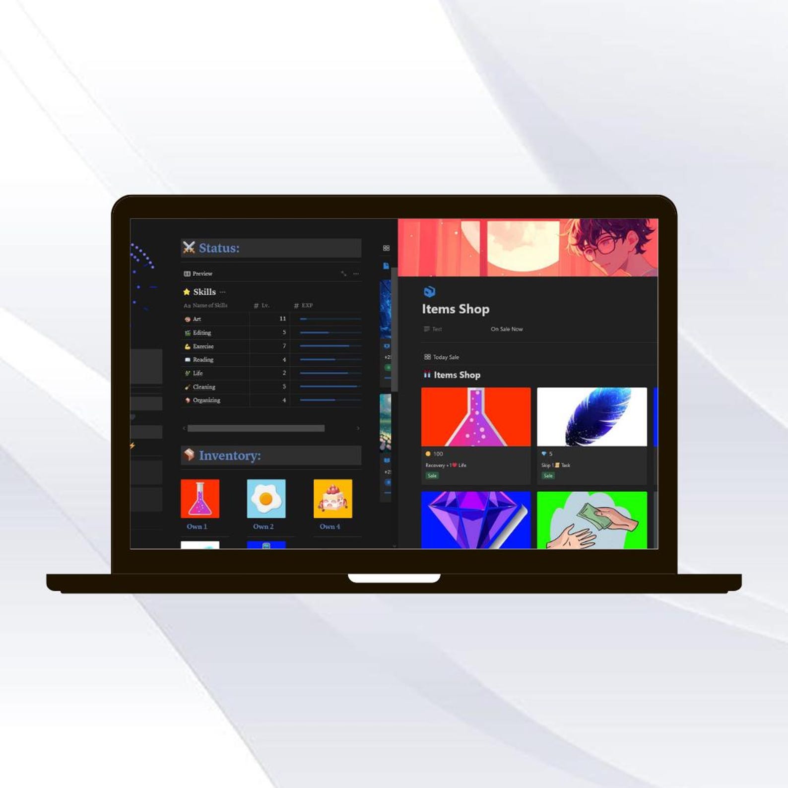 Your Anime Template, Gamified Productivity, Quest Log, Daily Routine ...