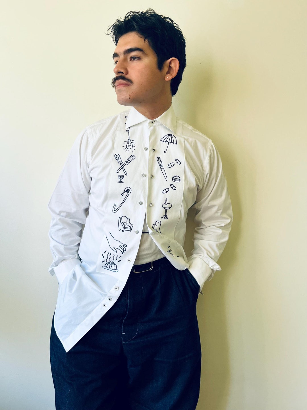 Hand Embroidered Repurposed Tuxedo Shirt With Flash Icons - Etsy