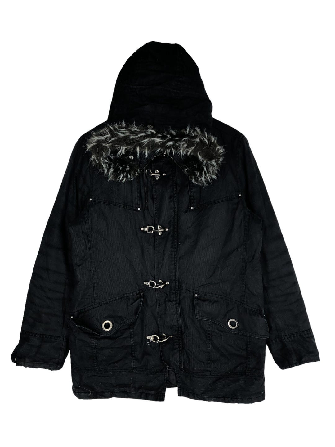 Vintage Bareback Black Puffer Jacket With Fur Hoodie - Size L - Etsy