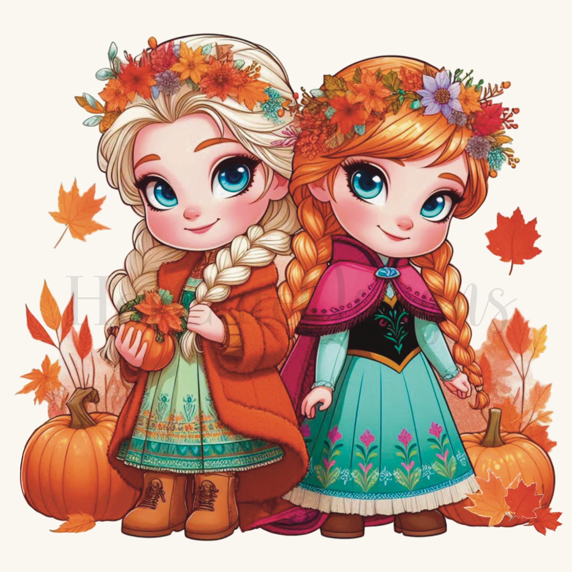 Autumn Princess Elsa and Anna PNG | Pumpkin Spice| Fall | Autumn Leaves| | Digital Image ...