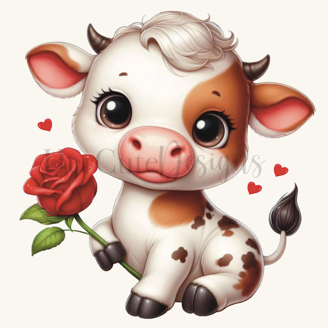 Cute Baby Calf With Red Rose PNG | Baby Cow | Valentines Rose | Red ...