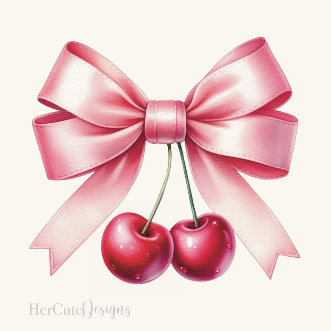 Cute Coquette Bow With Cherries PNG | Light Pink Bow | Girly | Digital ...