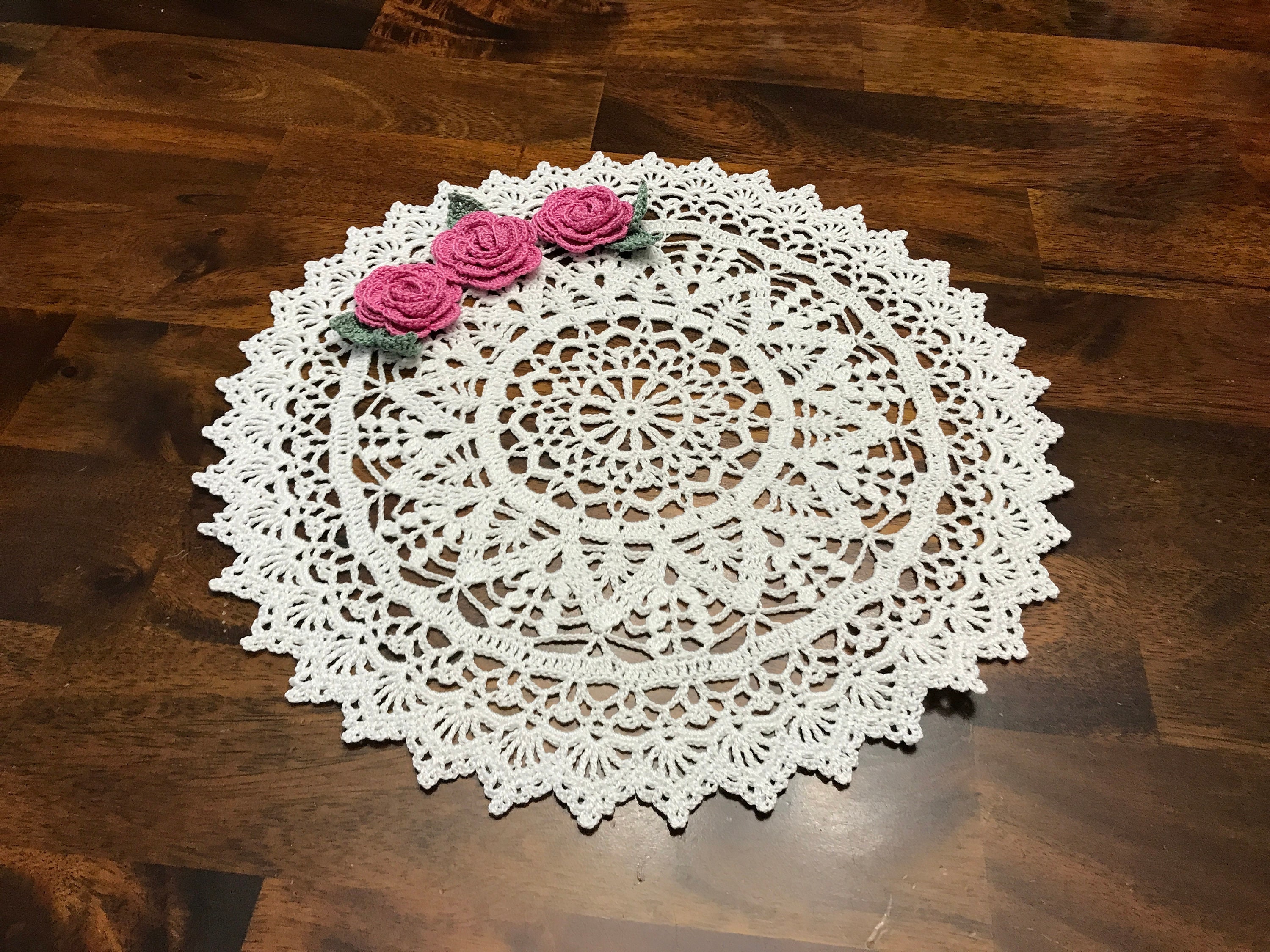 Hand Crocheted Doily, 12 Inches Round, Pink Flowers on a White Doily - Etsy