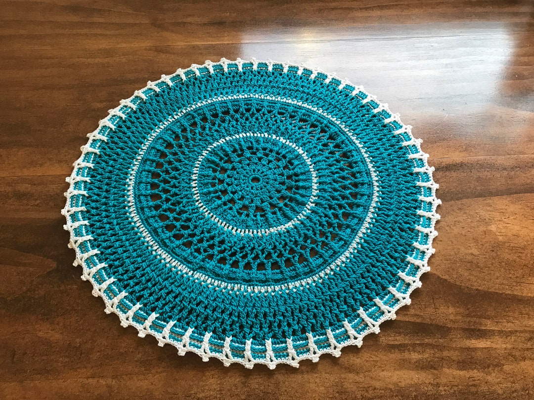 Hand Crocheted Doily, 13 Inches Round, Peacock and White Textured Doily ...