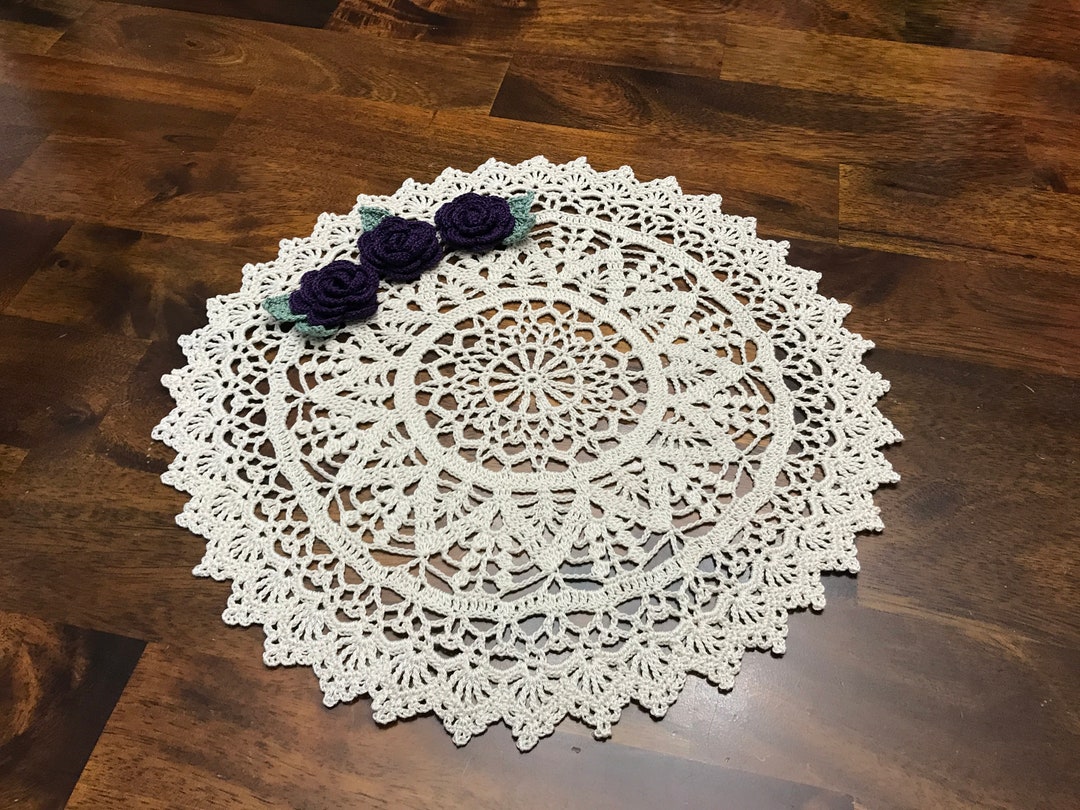 Hand Crocheted Doily, 12 Inches Round, Purple Flowers on a Natural ...