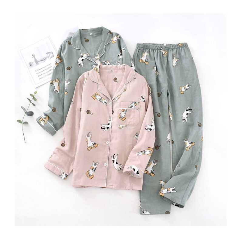 Playful Cat Theme Pajama Set for Men and Women Relax Fit Cotton Pjs 2pc ...