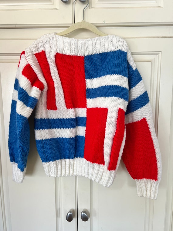 Vintage big kids handmade red white blue knit sweater - Gem