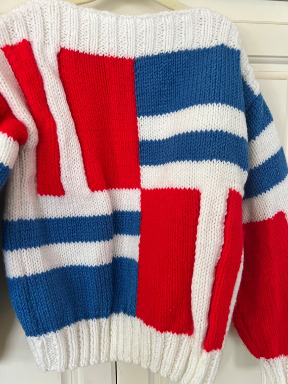 Vintage big kids handmade red white blue knit sweater - Gem