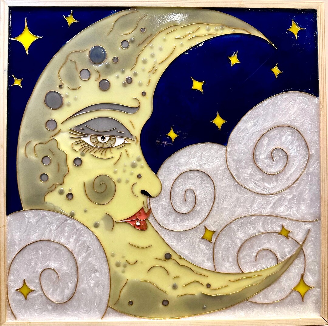 Celestial “melancholy Moon” Mixed Media Cloisonné Style Painting ...