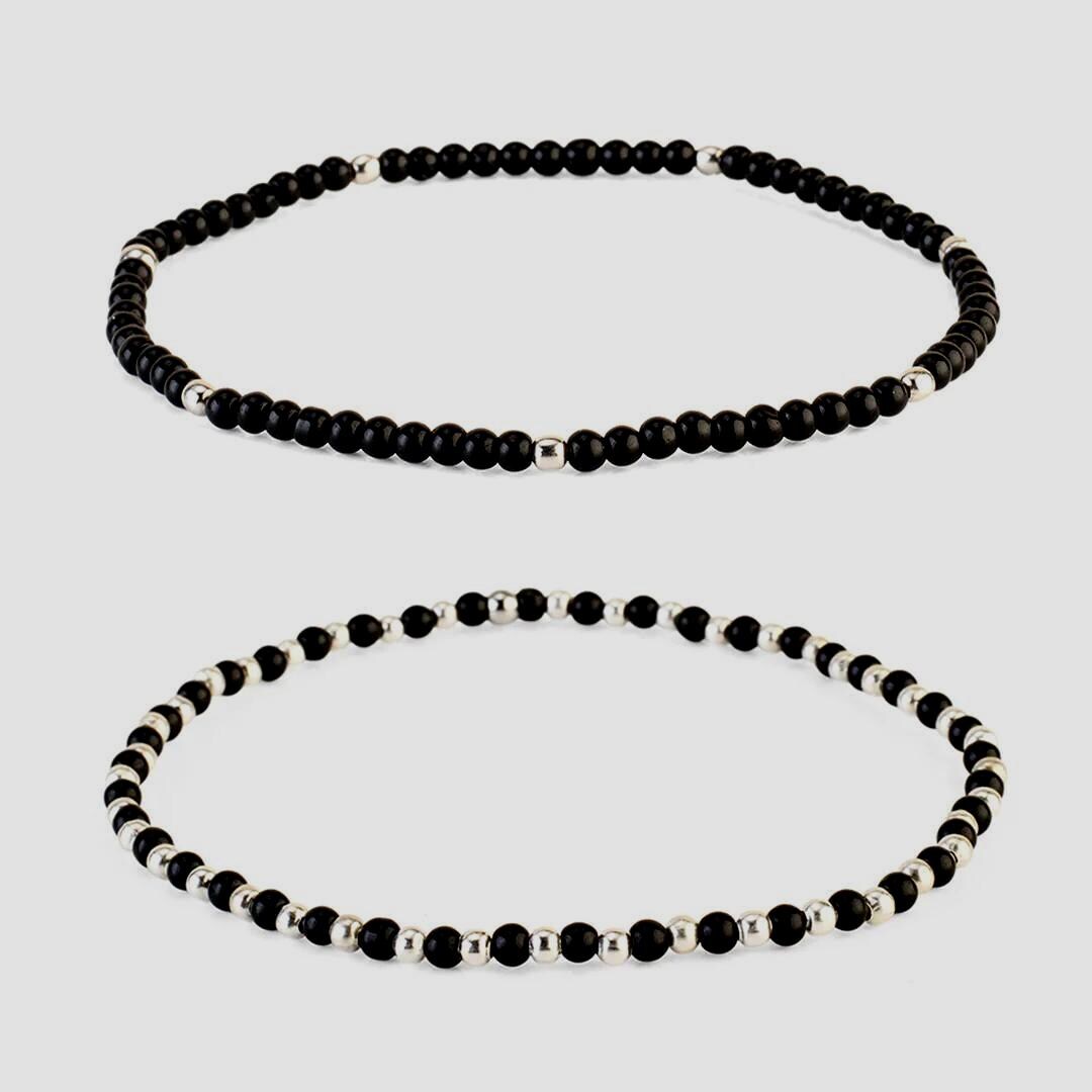 Set of 2 Black Steel Beaded Anklets – 3mm Glass & Alloy Beads ...