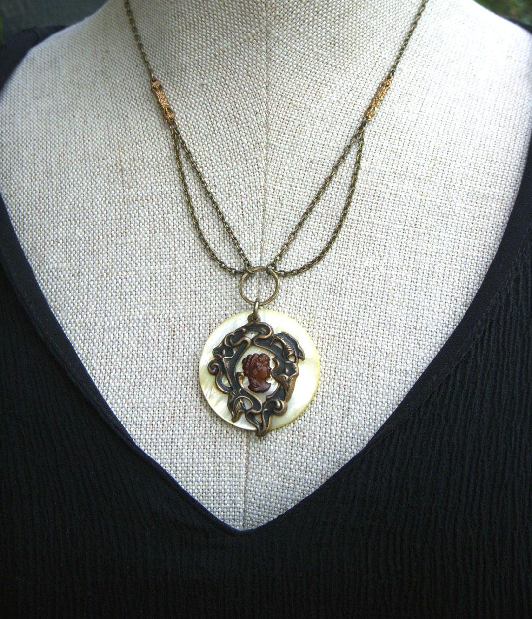 Cameo Festoon Necklace, Art Nouveau, Mother of Pearl Pendant, Vintage ...