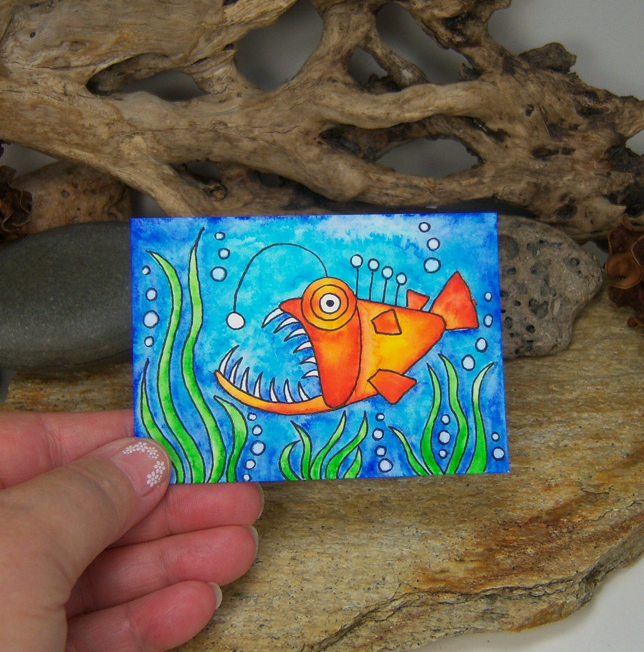 ACEO Card angler Fish Original Watercolor Painting by Dawn - Etsy