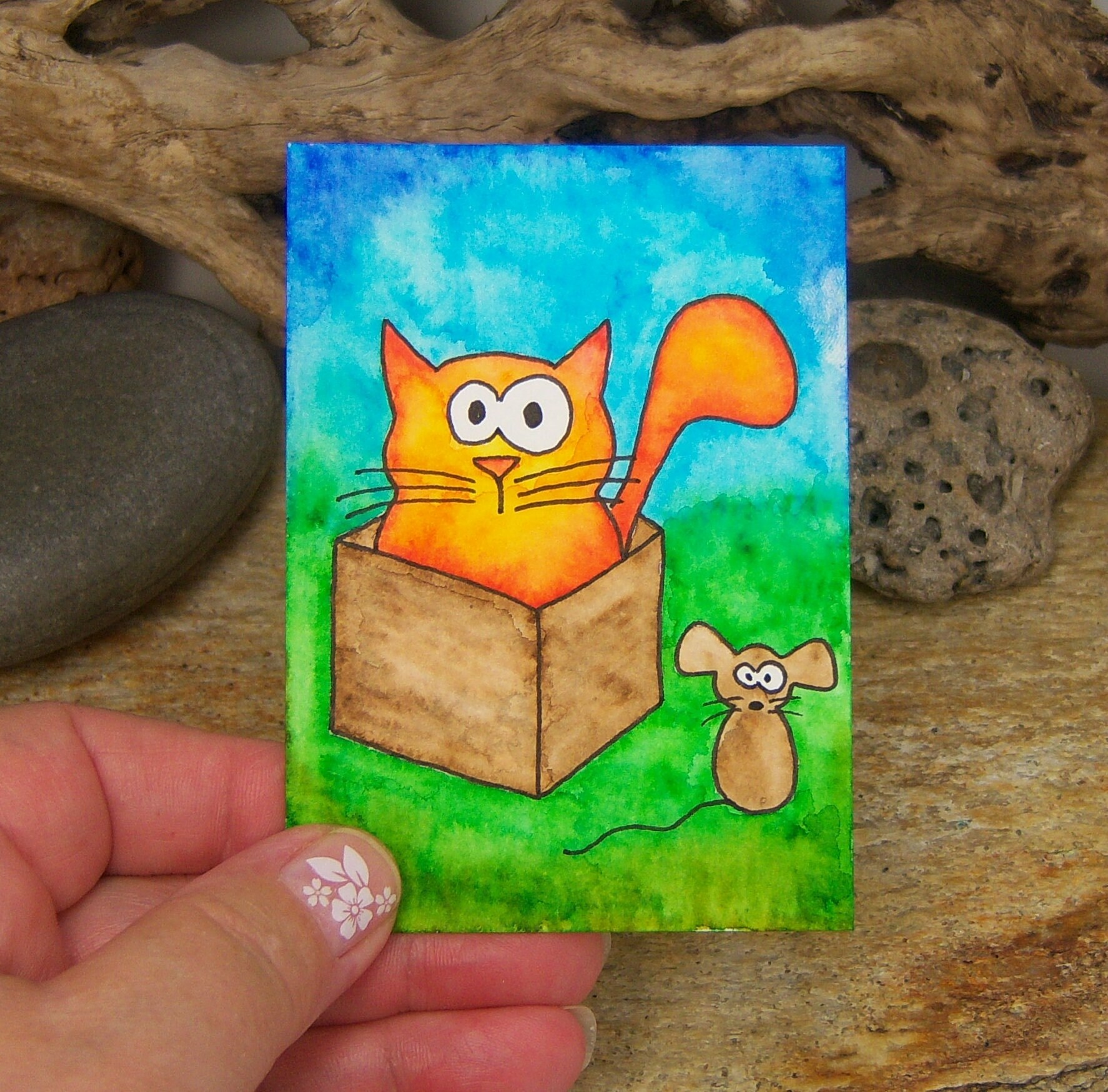 ACEO Card cat in Box With Mouse Original Watercolor - Etsy