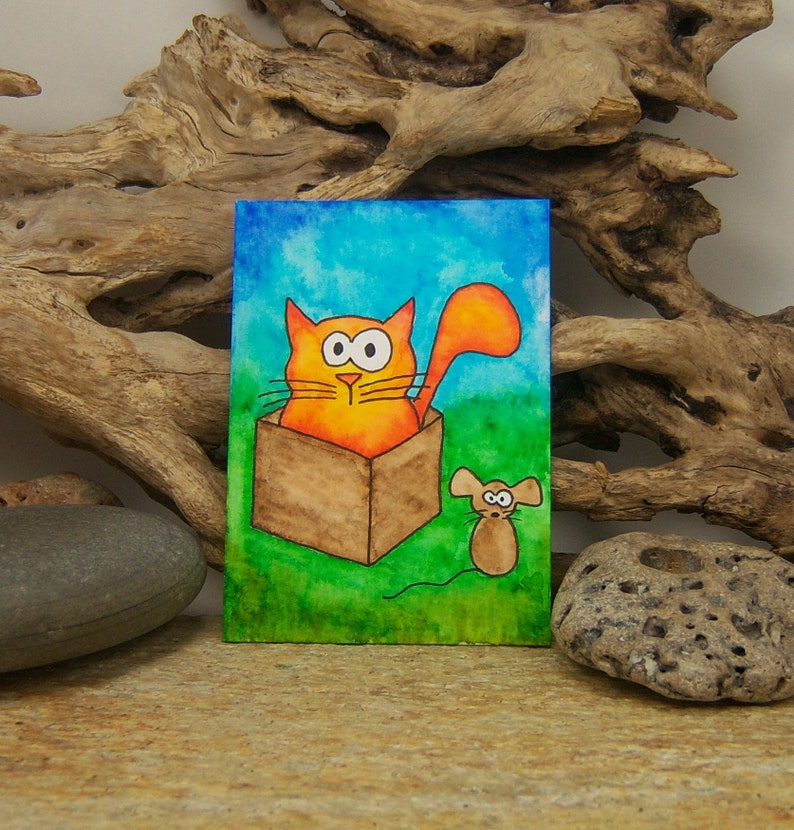 ACEO Card cat in Box With Mouse Original Watercolor - Etsy