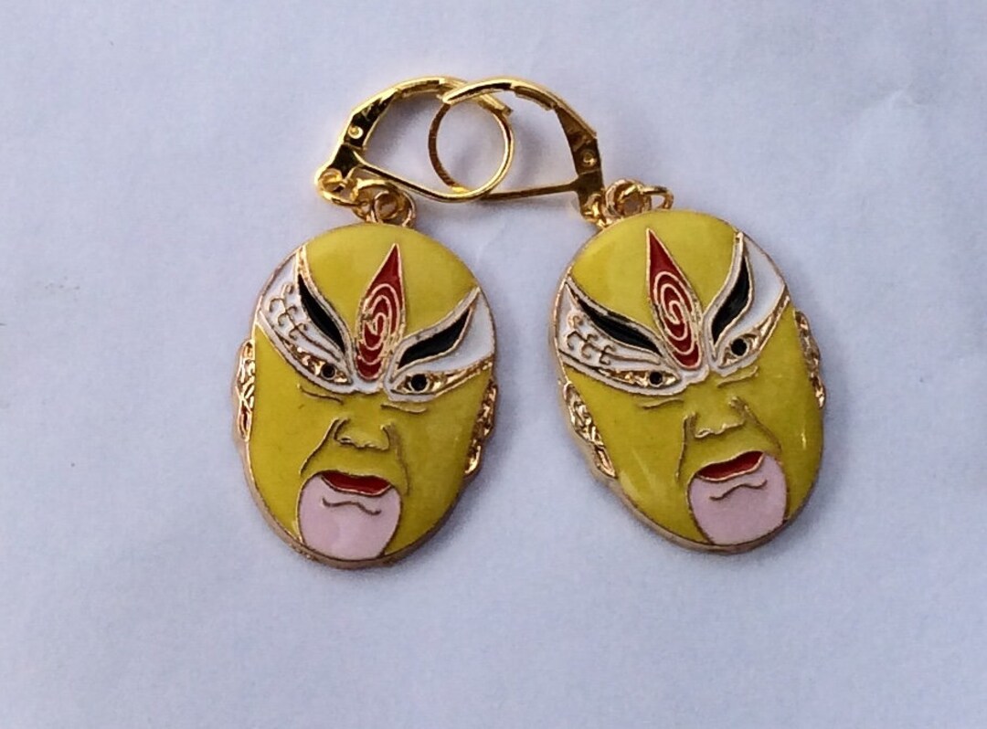 Kabuki Japanese Comedy Tragedy Faces Theatre Masks Yellow Enamel Gold ...
