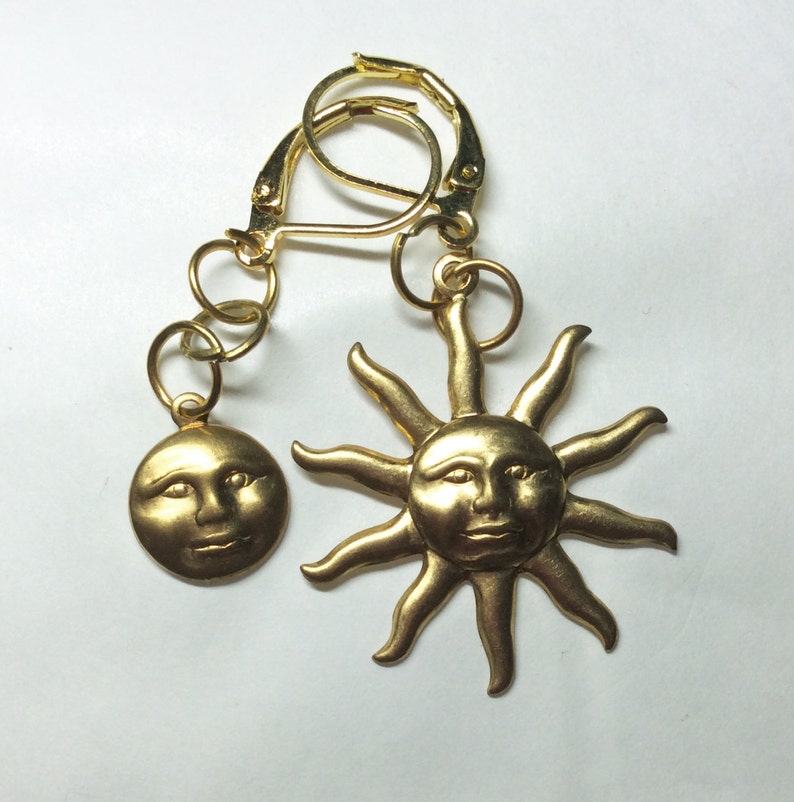 Spiky Sun and Moon Gold Tone Handmade Earrings for Pierced - Etsy