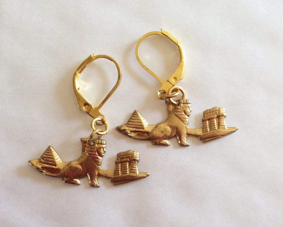 Egyptian Sphinx Pyramid Tomb and Temple Handmade Raw Brass Earrings for ...