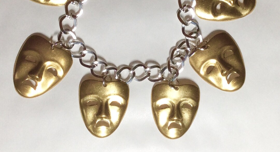 Sad Mask Bracelet Comedy Faces Masks Raw Brass and Silver Tone Bracelet ...
