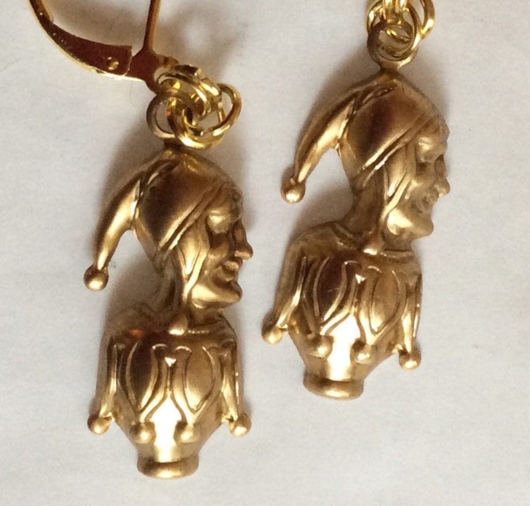 Jester Joker Earrings Raw Brass Tone for Pierced Ears Card Player - Etsy