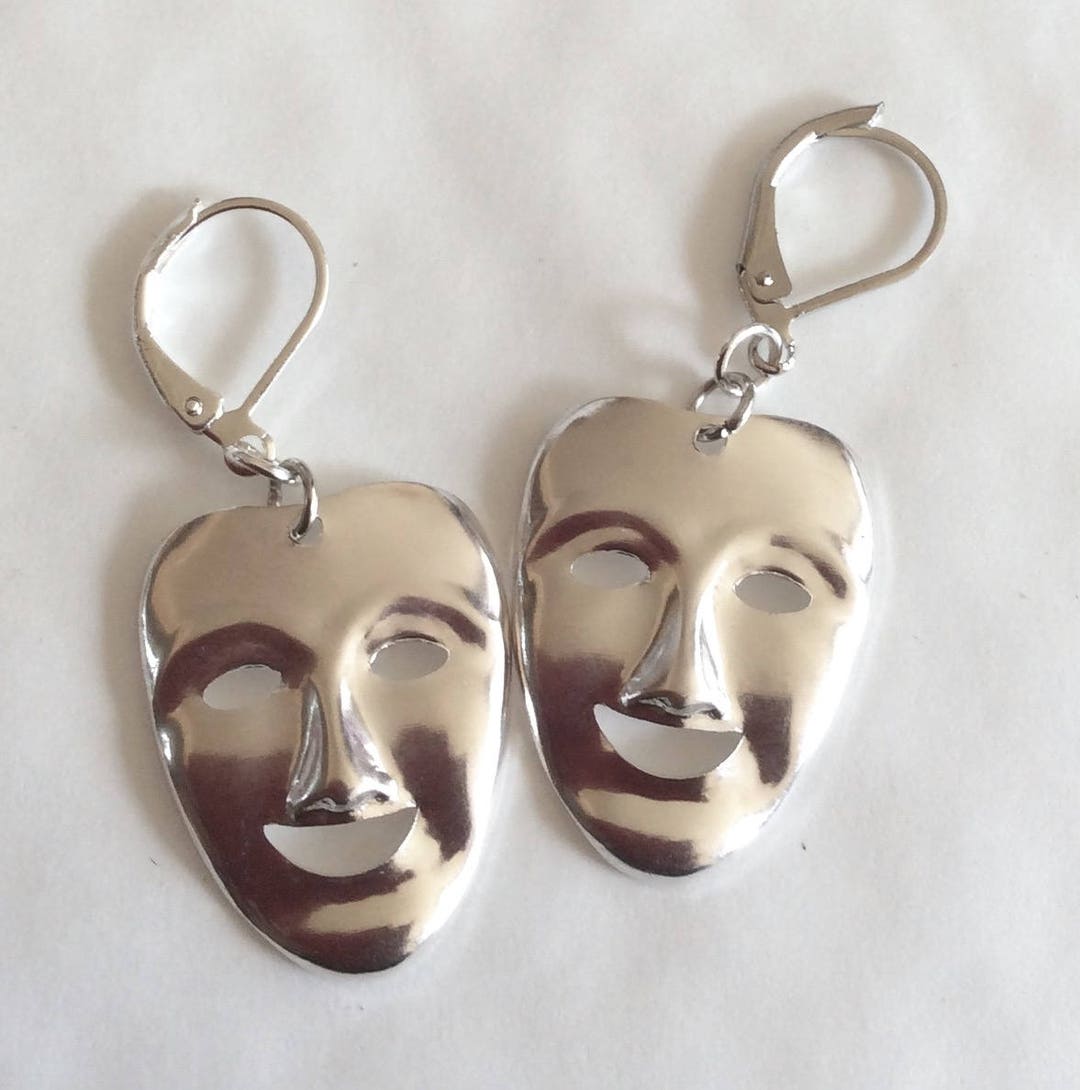 Happy Comedy Tragedy Faces Masks Earrings Silver Tone Handmade for ...