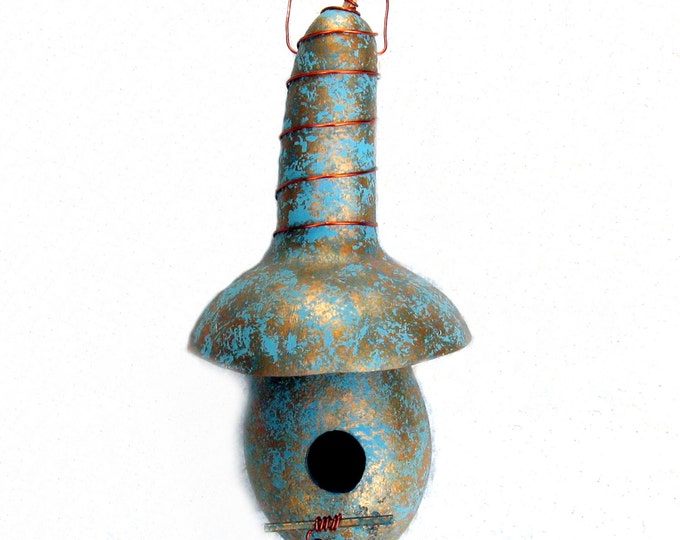 Painted Gourd House Birdhouse Gourd Turquoise Blue Gold Copper Wire ...