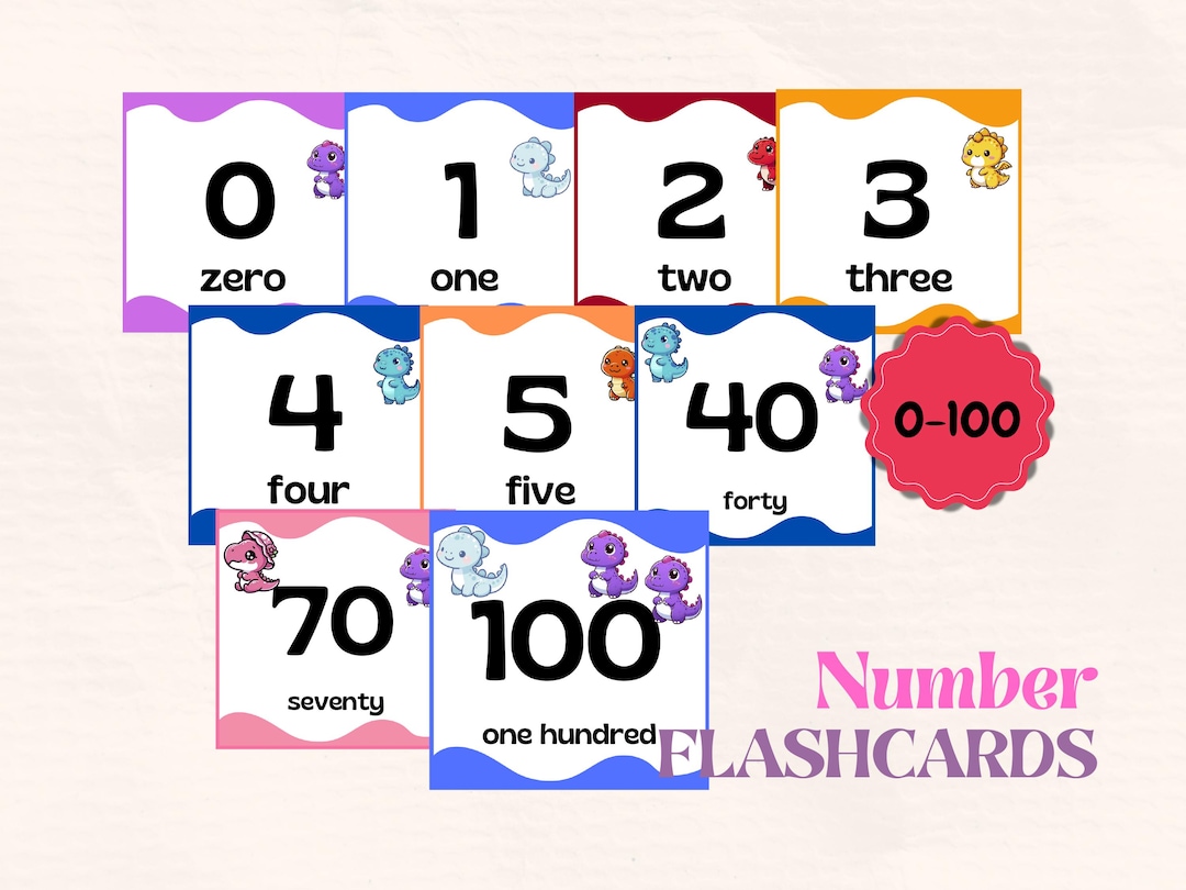 Number Cards 1-100, Printable Flashcards, Counting Cards, Dinosaur ...