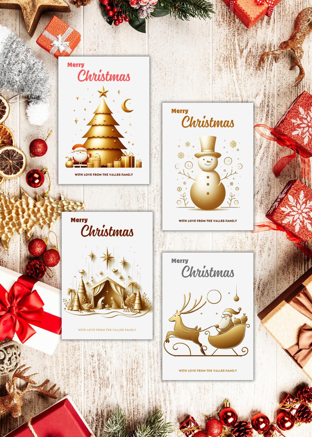 Christmas Template, Christmas Card, Beautiful Editable Cards, Gold ...