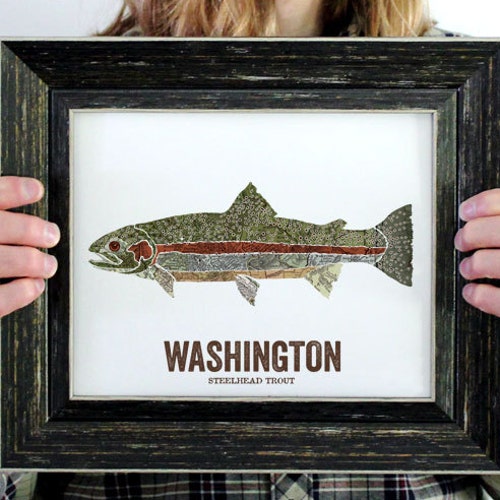 Washington State Fish Map Art Nature Outdoor Art Cottage - Etsy