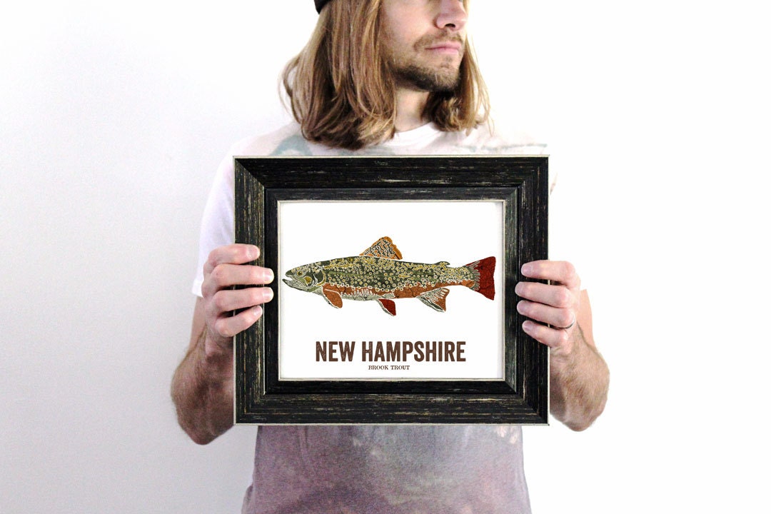 New Hampshire State Fish, Map Art, Nature Outdoor Art, Vintage Map Art ...