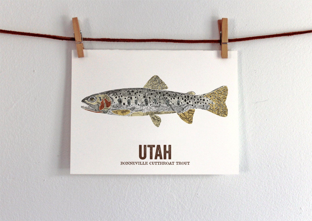 Utah State Fish Map art Nature Outdoor art Vintage Map art | Etsy