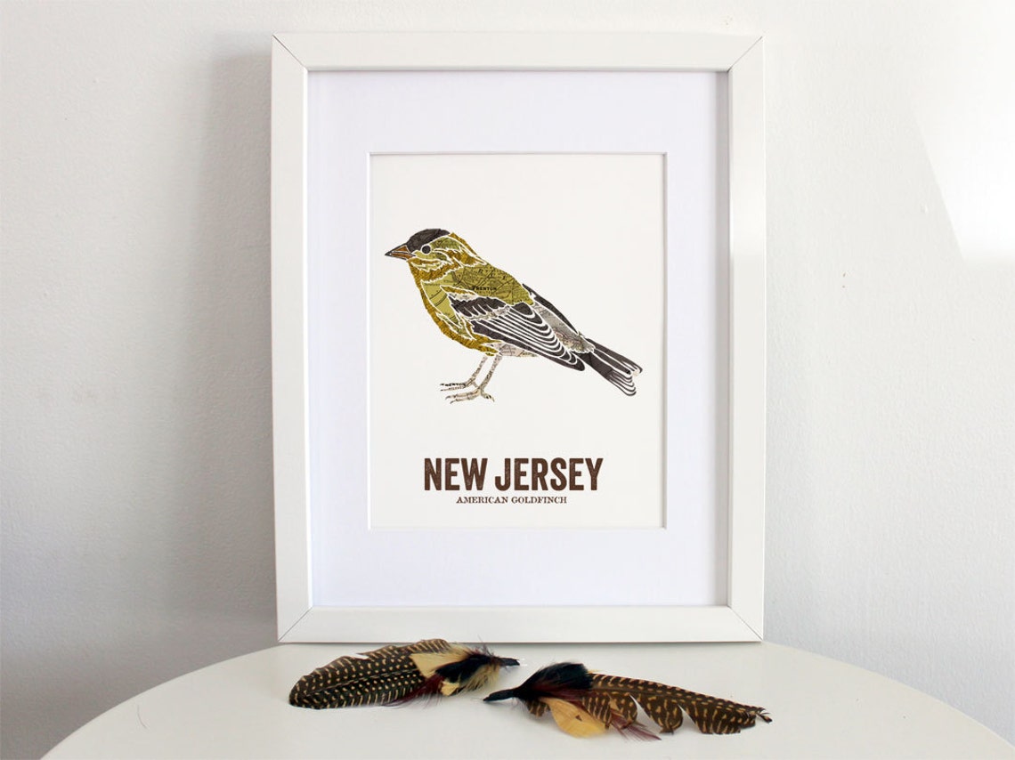 American Goldfinch Art Print, New Jersey State Bird, Vintage Map - Etsy