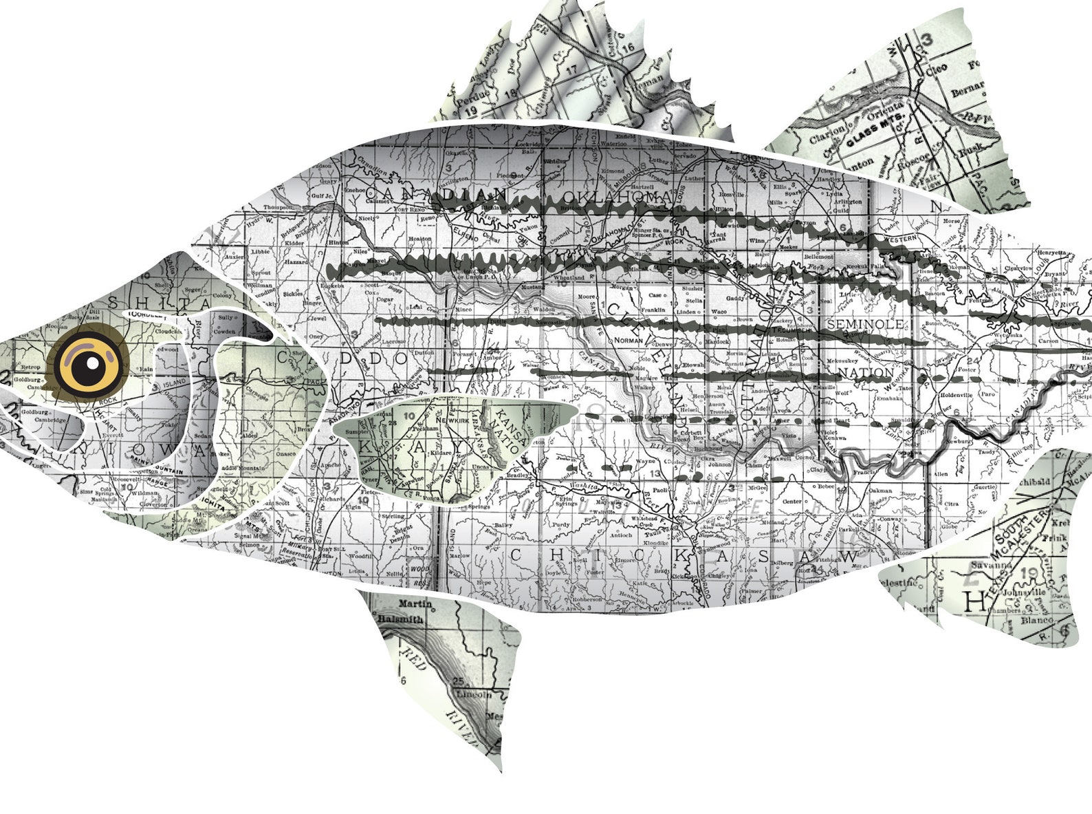 Oklahoma State Fish Map Art Nature Outdoor Art Vintage Map - Etsy