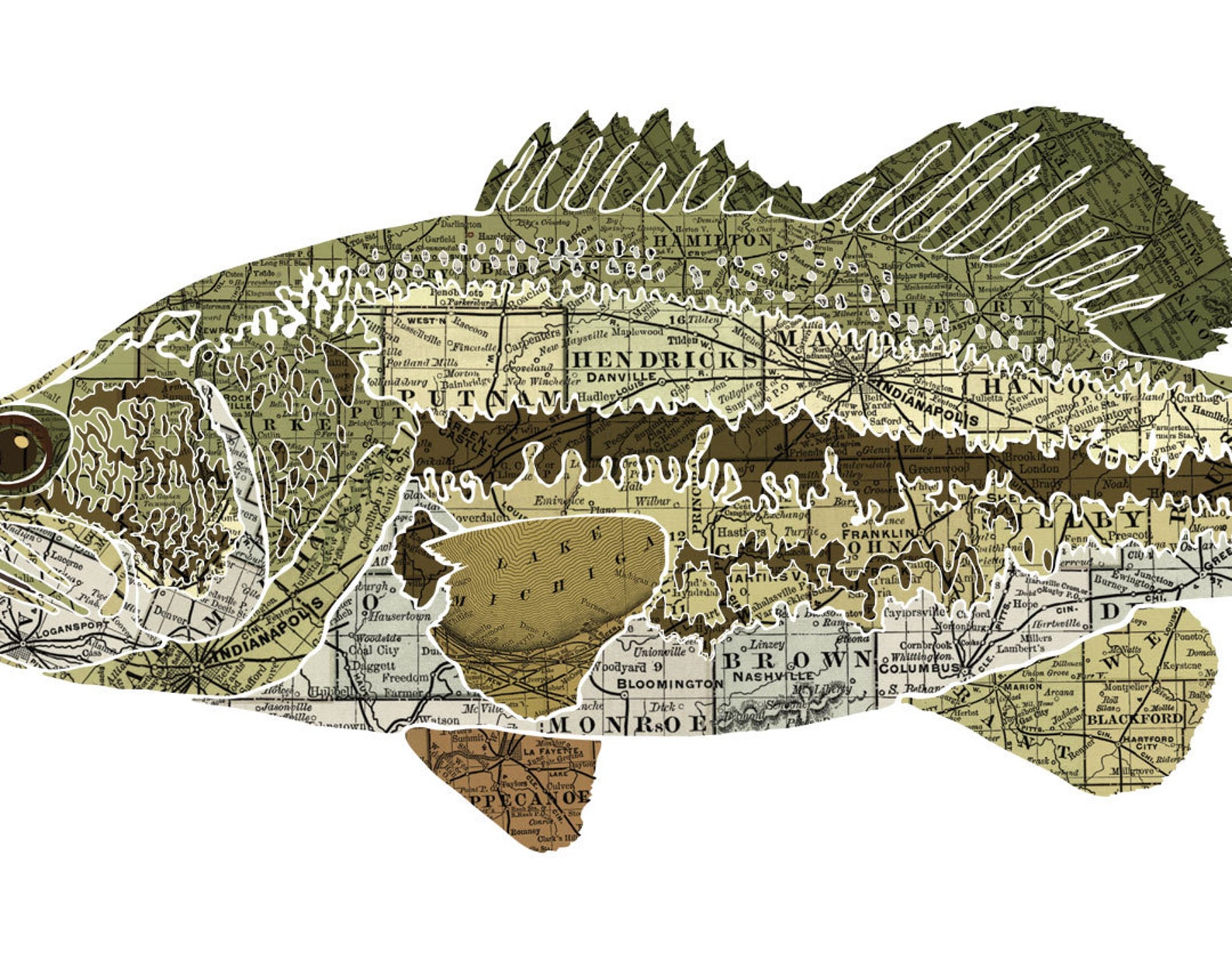 Indiana State Fish, Map Art, Nature Outdoor Art, Vintage Map Art, Art ...