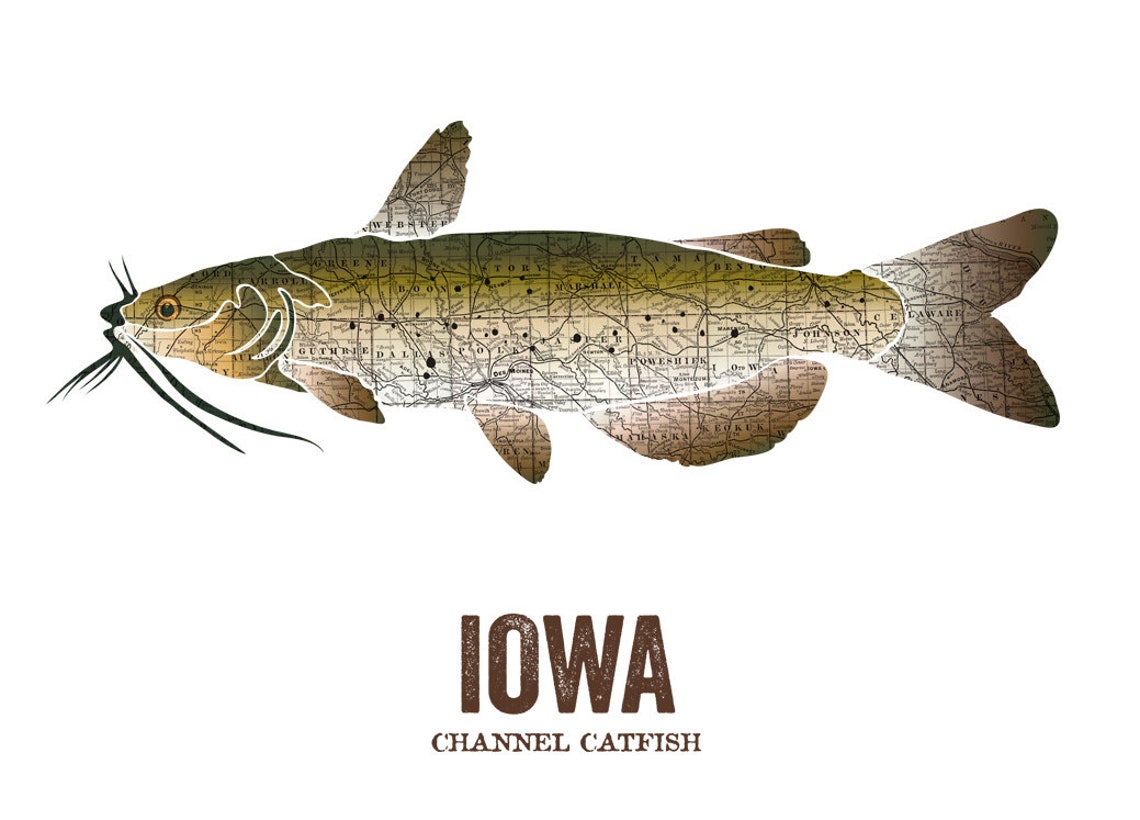 Iowa State Fish Map Art Nature Outdoor Art Vintage Map Art - Etsy