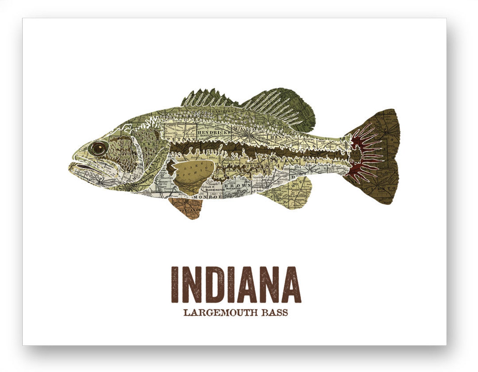 Indiana State Fish Map Art Nature Outdoor Art Vintage Map - Etsy
