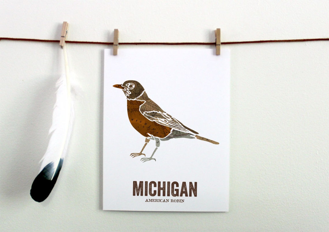 Michigan State Bird Nature Art Outdoor Art Vintage Map Art - Etsy