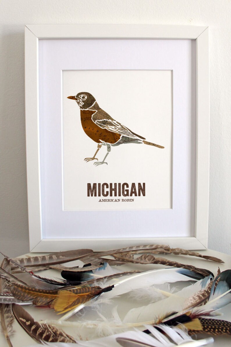Michigan Robin Art Print, Vintage Map Bird Illustration - Etsy