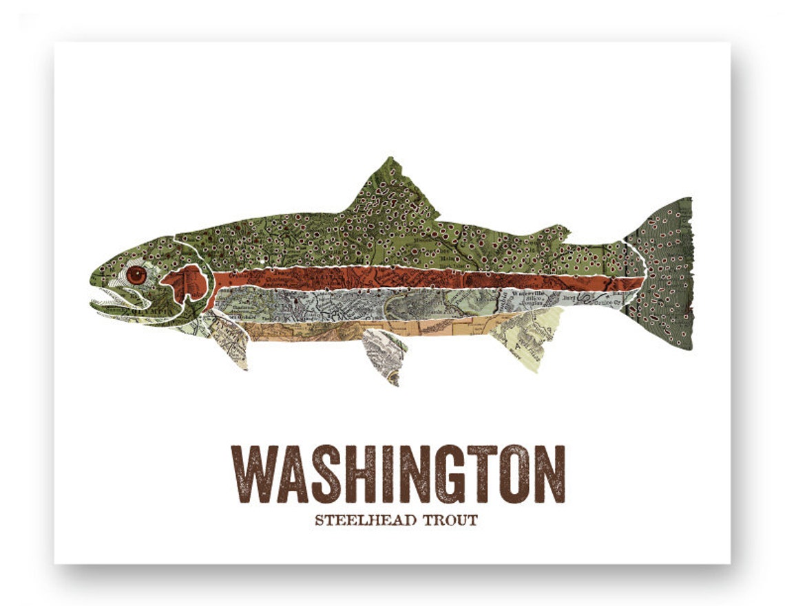 Washington State Fish Map Art Nature Outdoor Art Cottage - Etsy