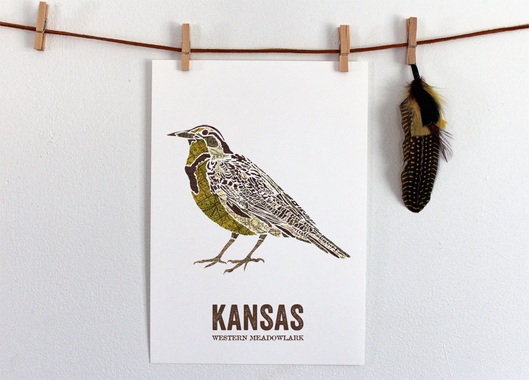 Western Meadowlark Art Print, Kansas State Bird, Vintage Map - Etsy