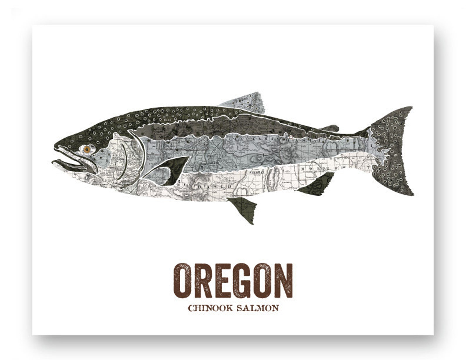Oregon State Fish Map Art Nature Outdoor Art Vintage Map - Etsy