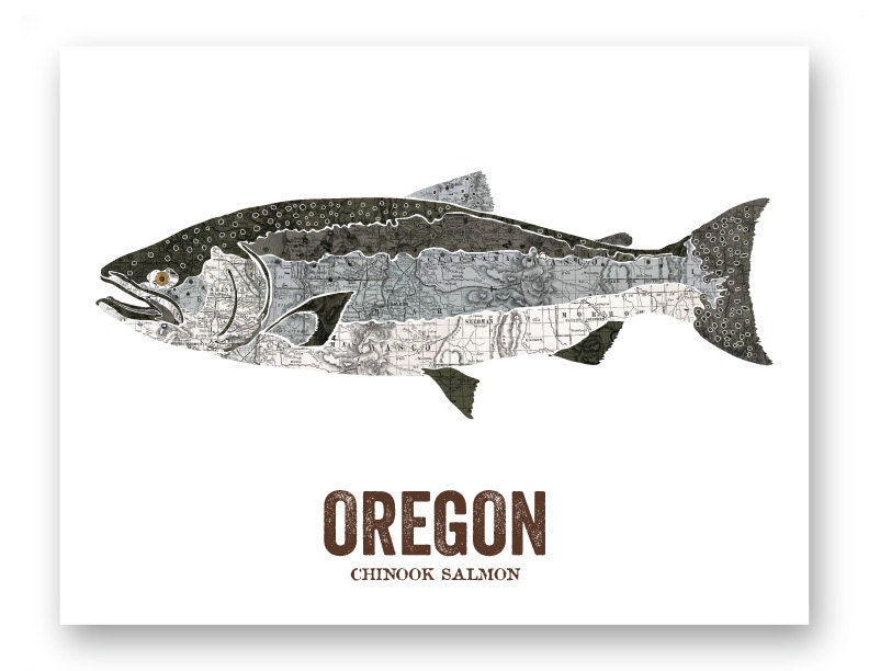 Oregon State Fish Map Art Nature Outdoor Art Vintage Map - Etsy