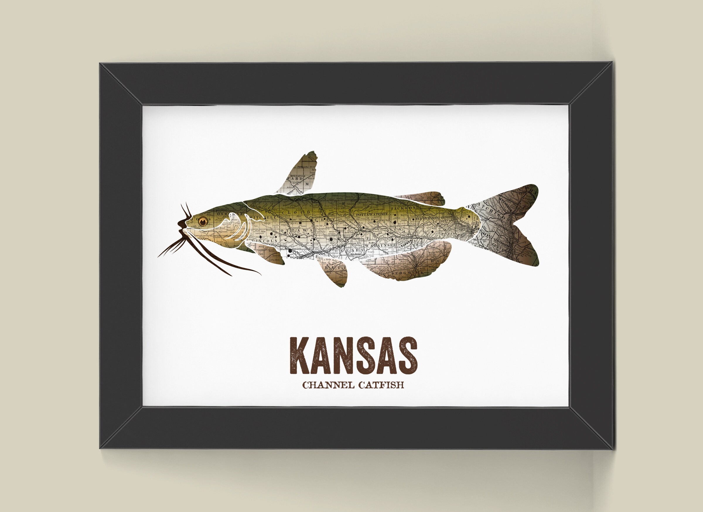 Kansas State Fish Map Art Nature Outdoor Art Vintage Map | Etsy