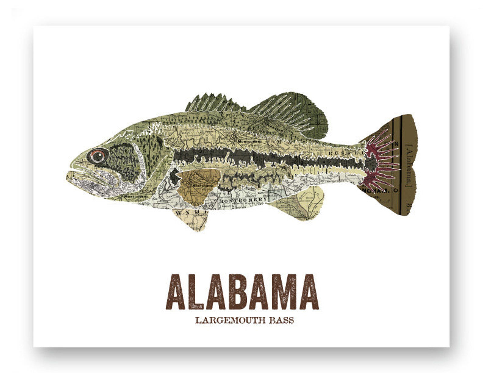 Alabama State Fish Map Art Nature Outdoor Art Vintage Map - Etsy