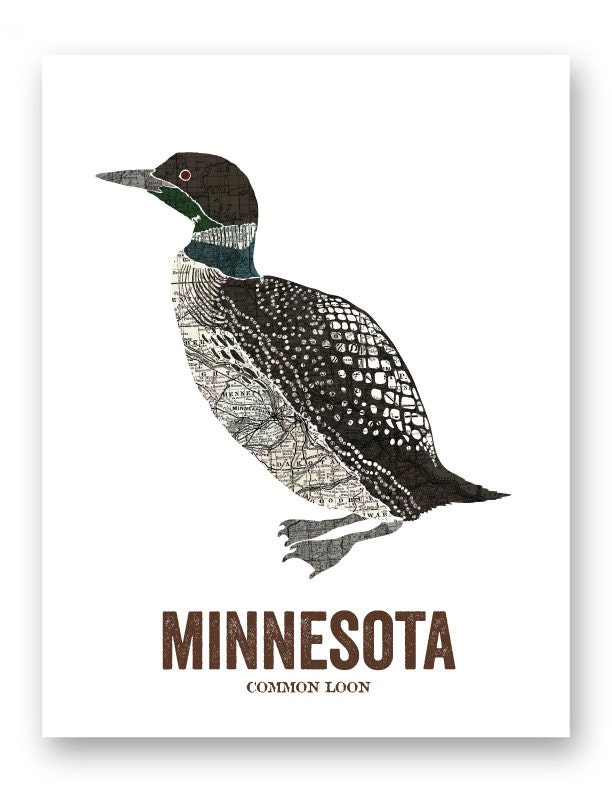Minnesota Common Loon Art Print, Vintage Map, Rustic Decor - Etsy