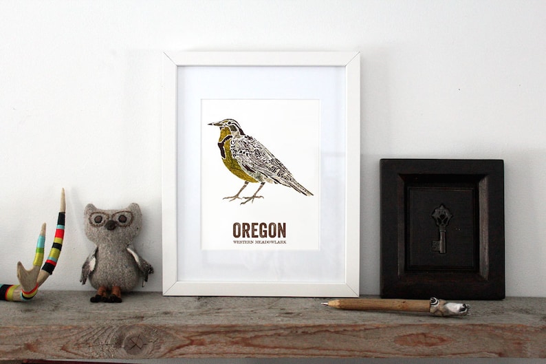 Western Meadowlark Art Print, Oregon State Bird, Vintage Map - Etsy