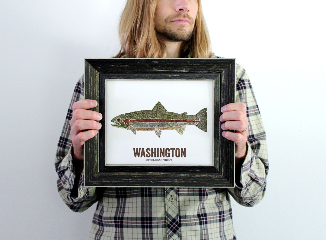Washington State Fish, Map Art, Nature Outdoor Art, Cottage Art ...