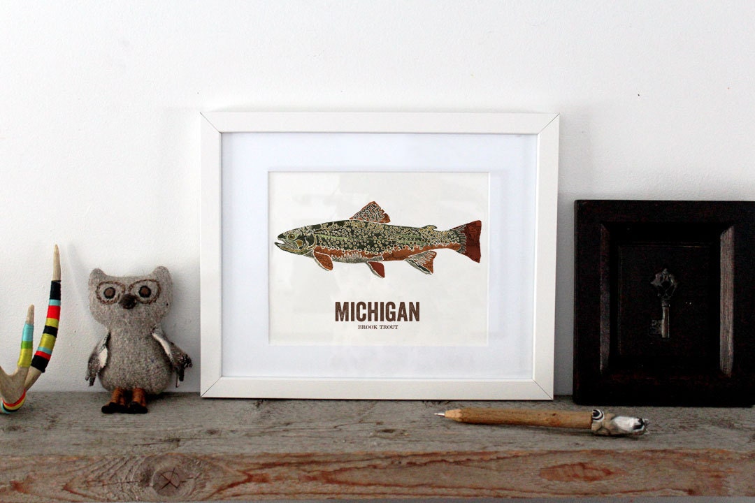 Michigan State Fish, Map Art, Nature Outdoor Art, Vintage Map Art, Art ...